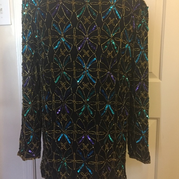 Scala | Tops | Vintage Scala Black Silk Gold Beaded Purple Blue Green ...